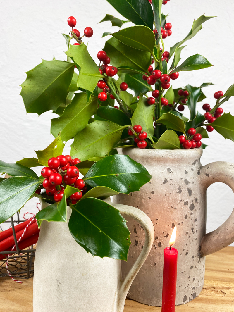 Winterdeko mit Ilex Zweigen – weiss & schwarz