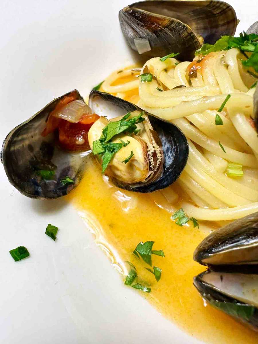 Pasta mit Miesmuschel in Weißwein-Tomatensauce – weiss & schwarz